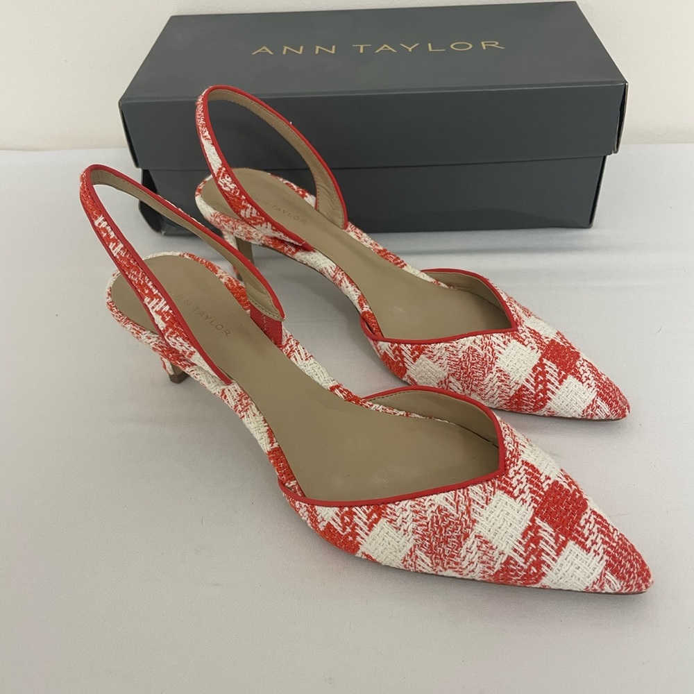 Ann Taylor Elora Piped Gingham Slingback Pumps - Size… - Gem